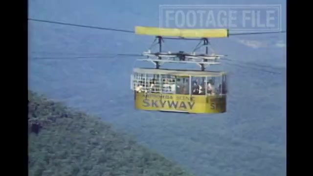 Tram close up, zoom wide, to Blue Mountains and Three Sisters, Sydney ...