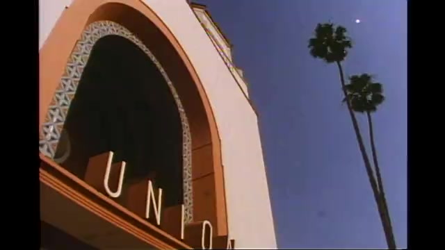 Union Station, Los Angeles, exterior, large window arch and Union ...